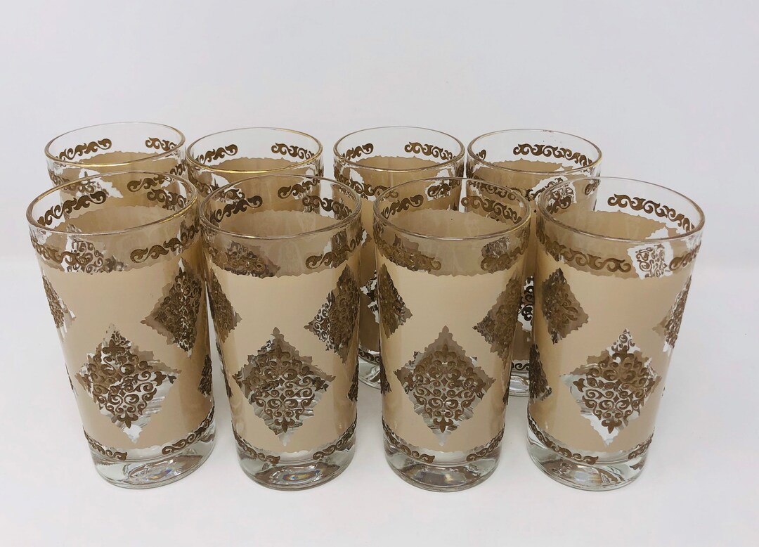 Brown Diamond Tumblers Hazel Atlas Tan Filigree Set of 8 Hollywood ...