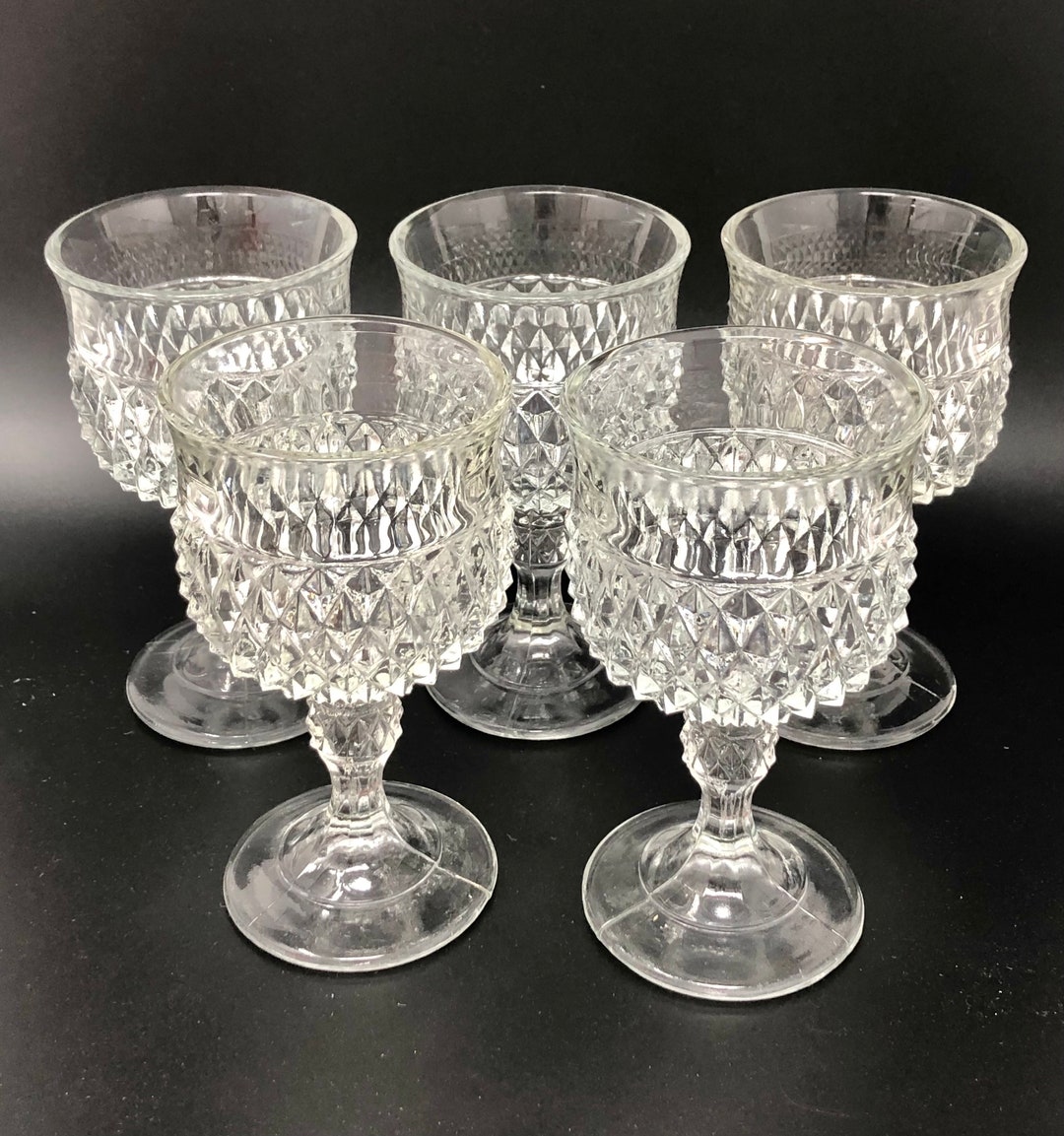 Diamond Point Wine Goblets Indiana Glass Clear Set of 5 1960s 1970s ...