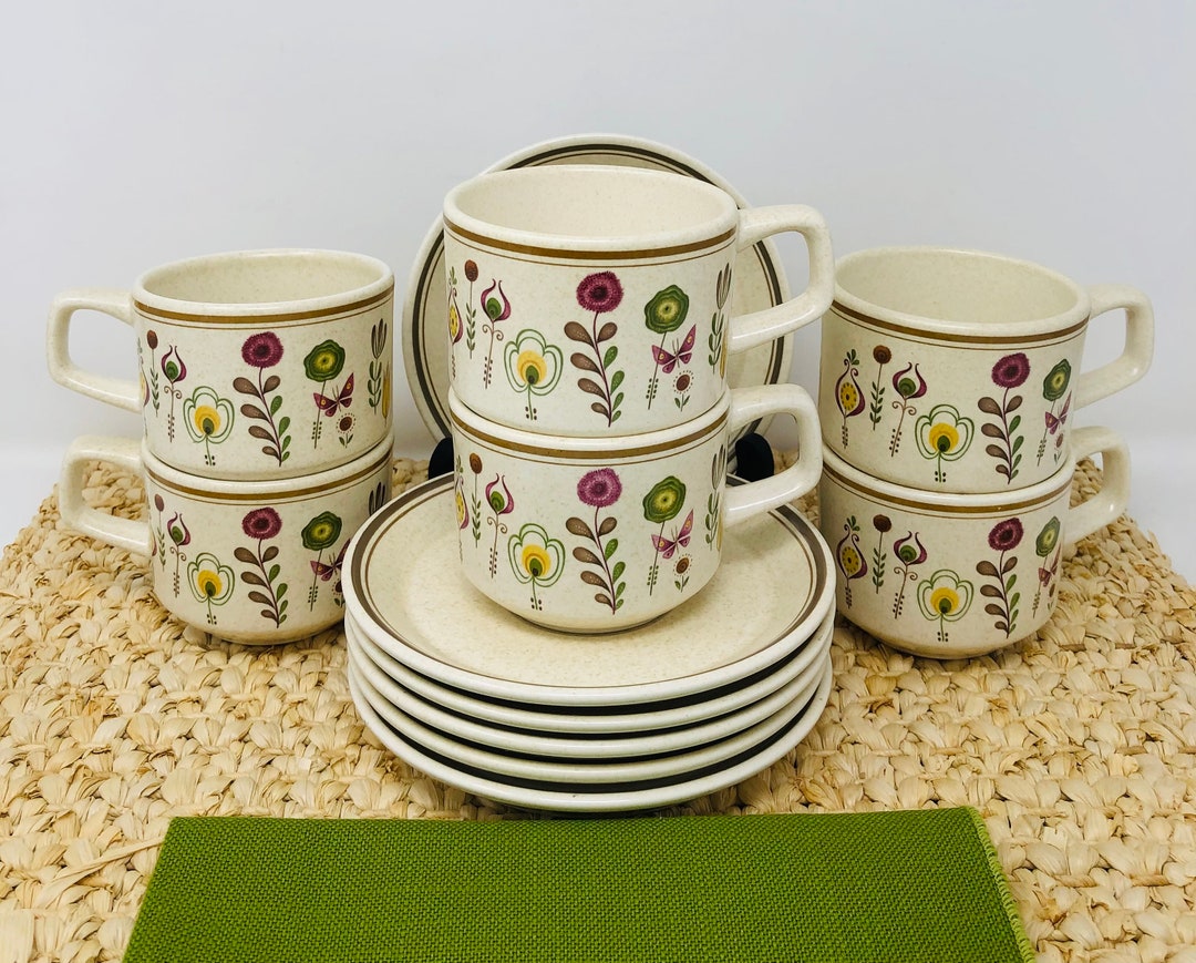 Lenox Sprite CUPS SAUCERS Set of 6 Lenox Temper Ware Sprite Mod Flowers ...