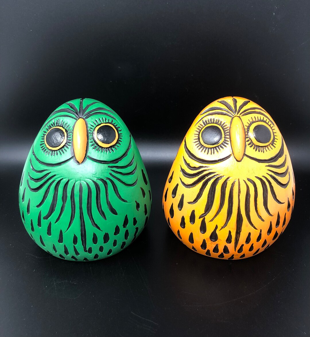 Mod Owls 1970s Set of 2 Hand Painted Mod Ceramic Owls Orange Green 1970 ...