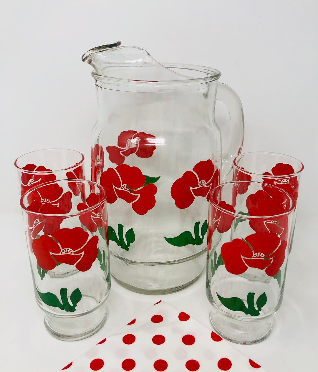 Red Foxy Flowers Pitcher and 4 Tumblers Anchor Hocking Red Poppies ...