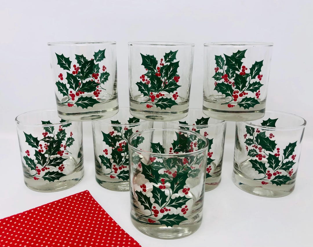 Holly by Indiana Glass Set of 8 Holly Tumblers 1970s Christmas Glasses ...