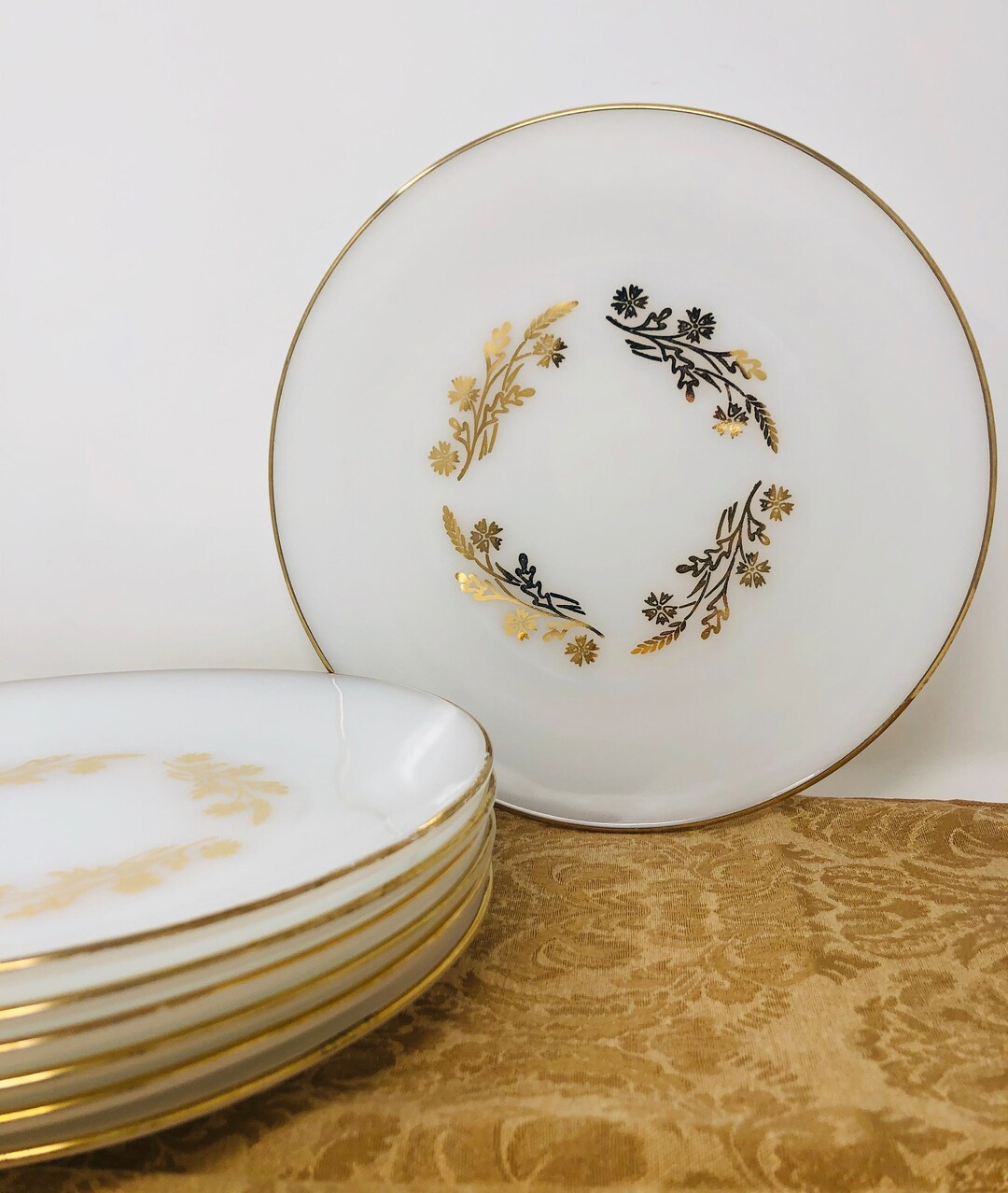 Milk Glass Federal Meadow Gold Dinner Plates Set of 7 Bridal Tea ...