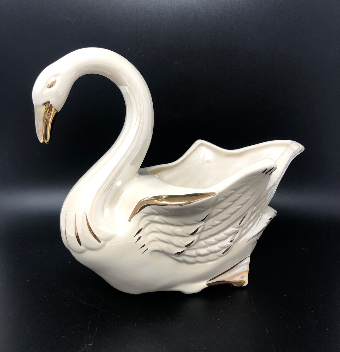 Swan Planter Lusterware Ivory Gold Swan Planter Vintage 1950s Ceramic Swan Planter Succulents ...
