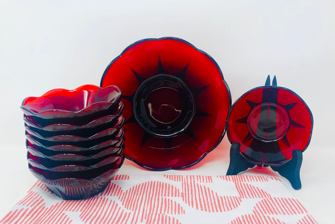 Ruby Red Glass Dessert Bowls 9 Piece Set Anchor Hocking Vintage Ruby ...