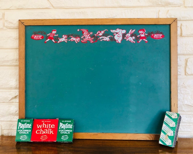 1950s Chalkboard Chalk and Eraser Set ATF Toys Red Painted Toys on Vintage Chalkboard 3 Boxes ...