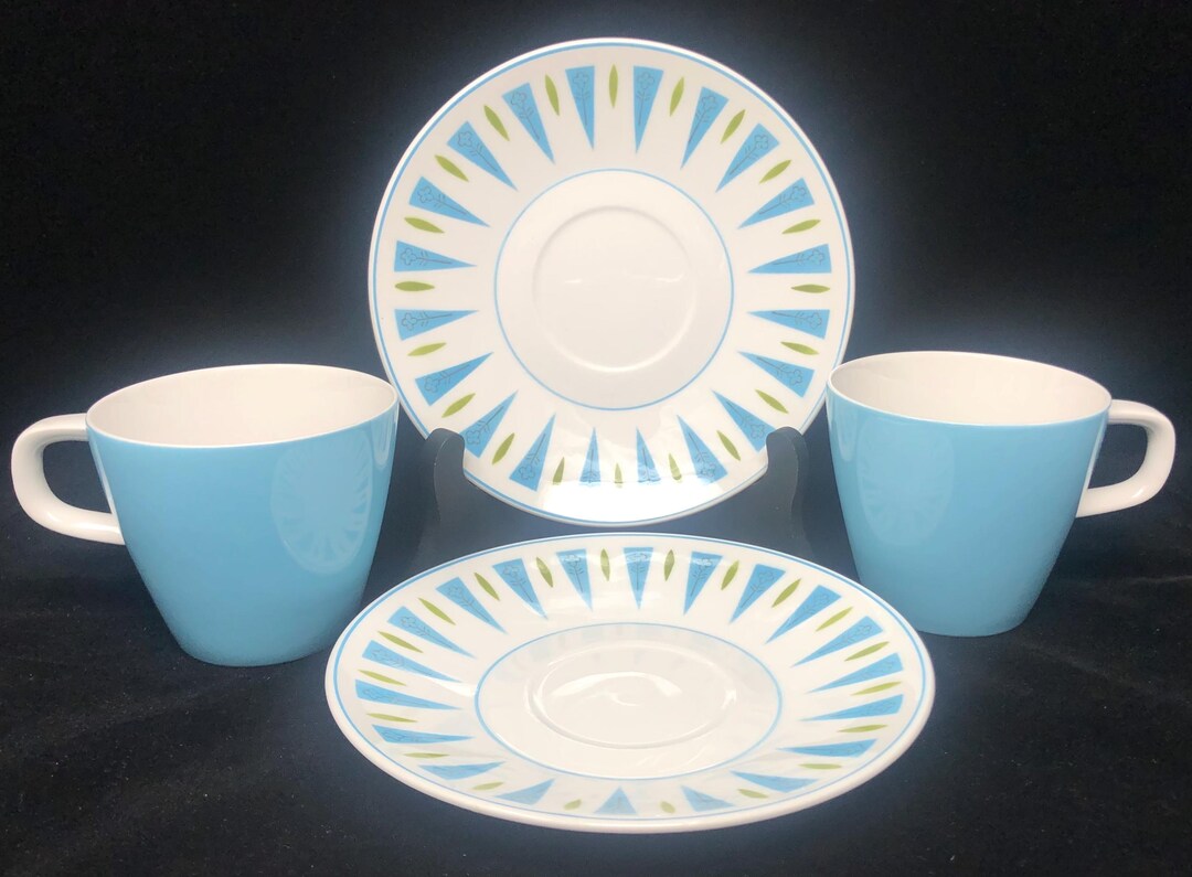 Blue Point Mikasa Cera Stone CUPS SAUCERS 2 Sets Mid Mod Mikasa Dinnerware 1960s Mod Dinnerware ...