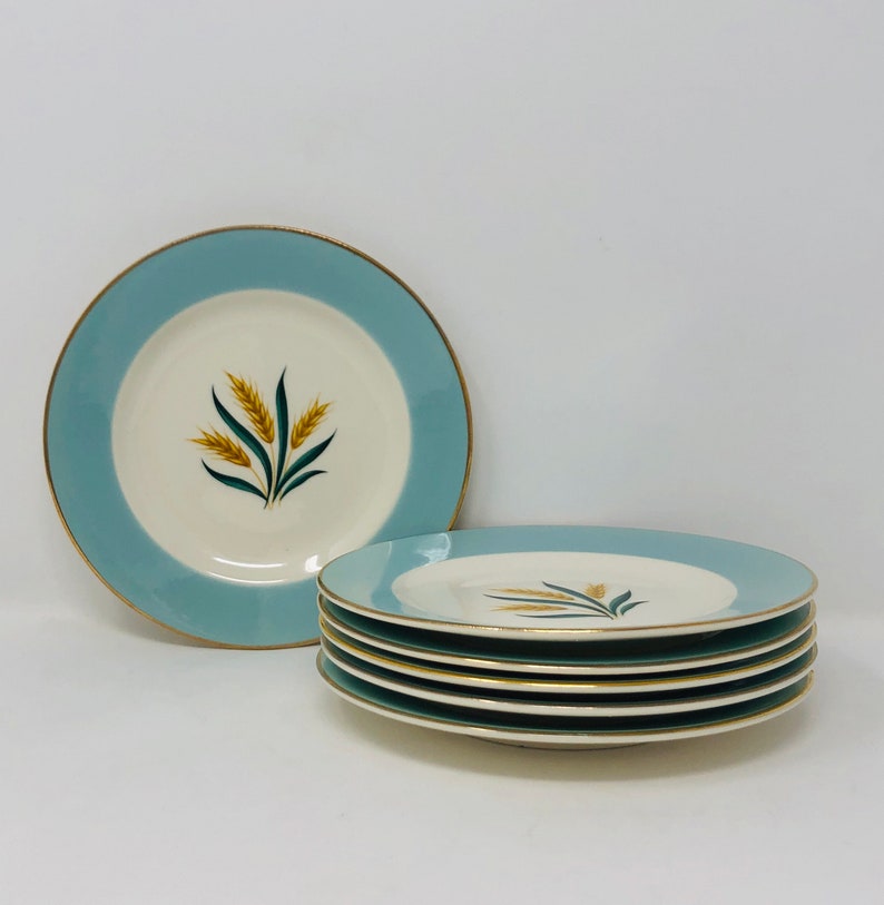 Viking Bread Plates Set: 1950s Aqua & Gold Wheat Dinnerware - Etsy