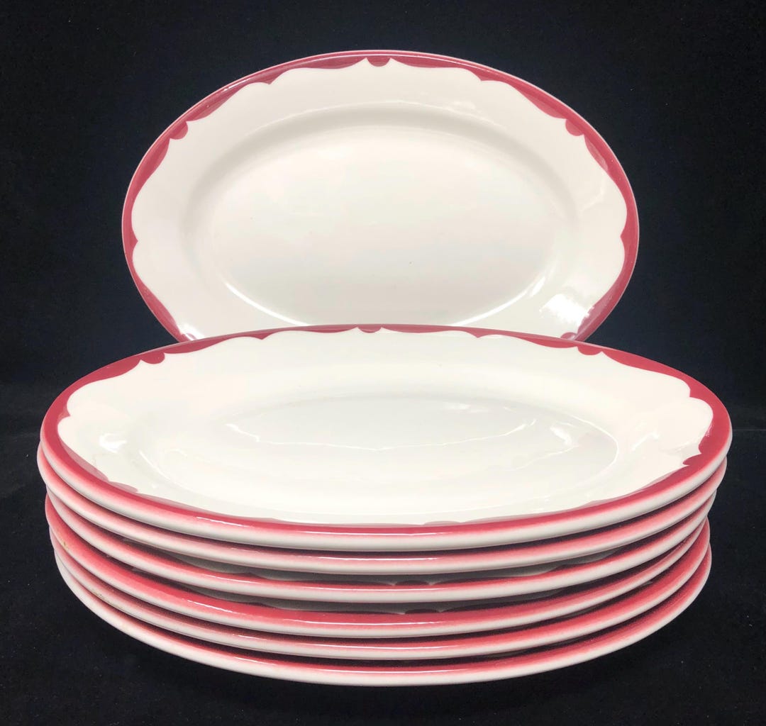 Buffalo China Burgundy Scalloped OVAL PLATES Set of 7 Restaurant Oval ...
