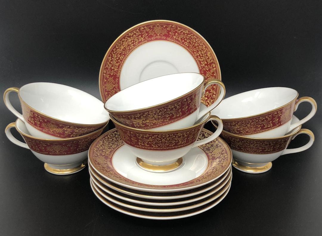 Red Gold Cups Saucers 6 Sets Harmony House Hanover 1960s Gold Red Fine ...
