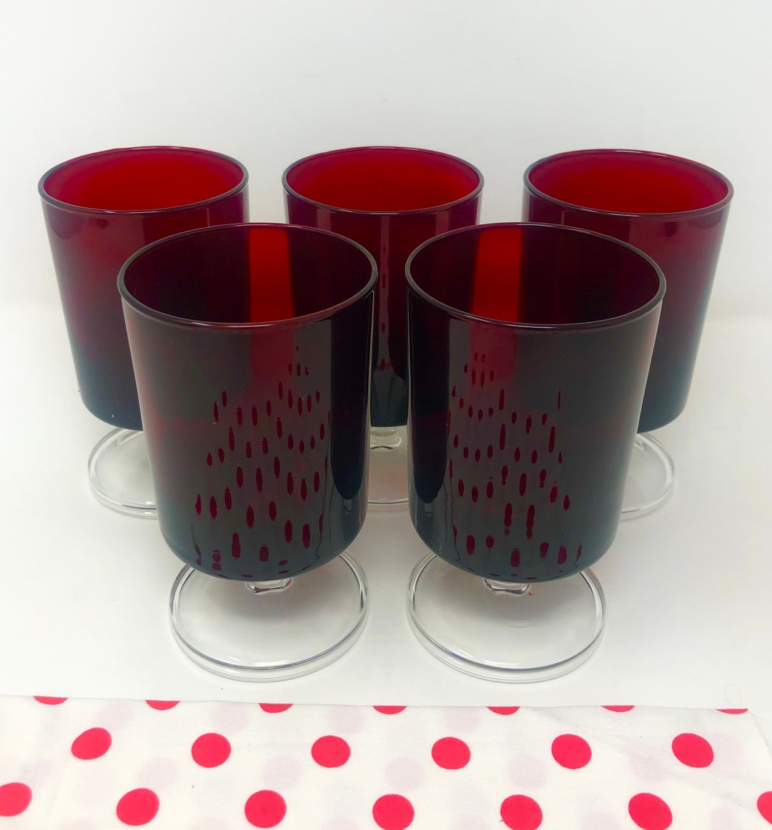 Cavalier Ruby Red Water Goblets Set of 5 Clear Stem Base Vintage French ...