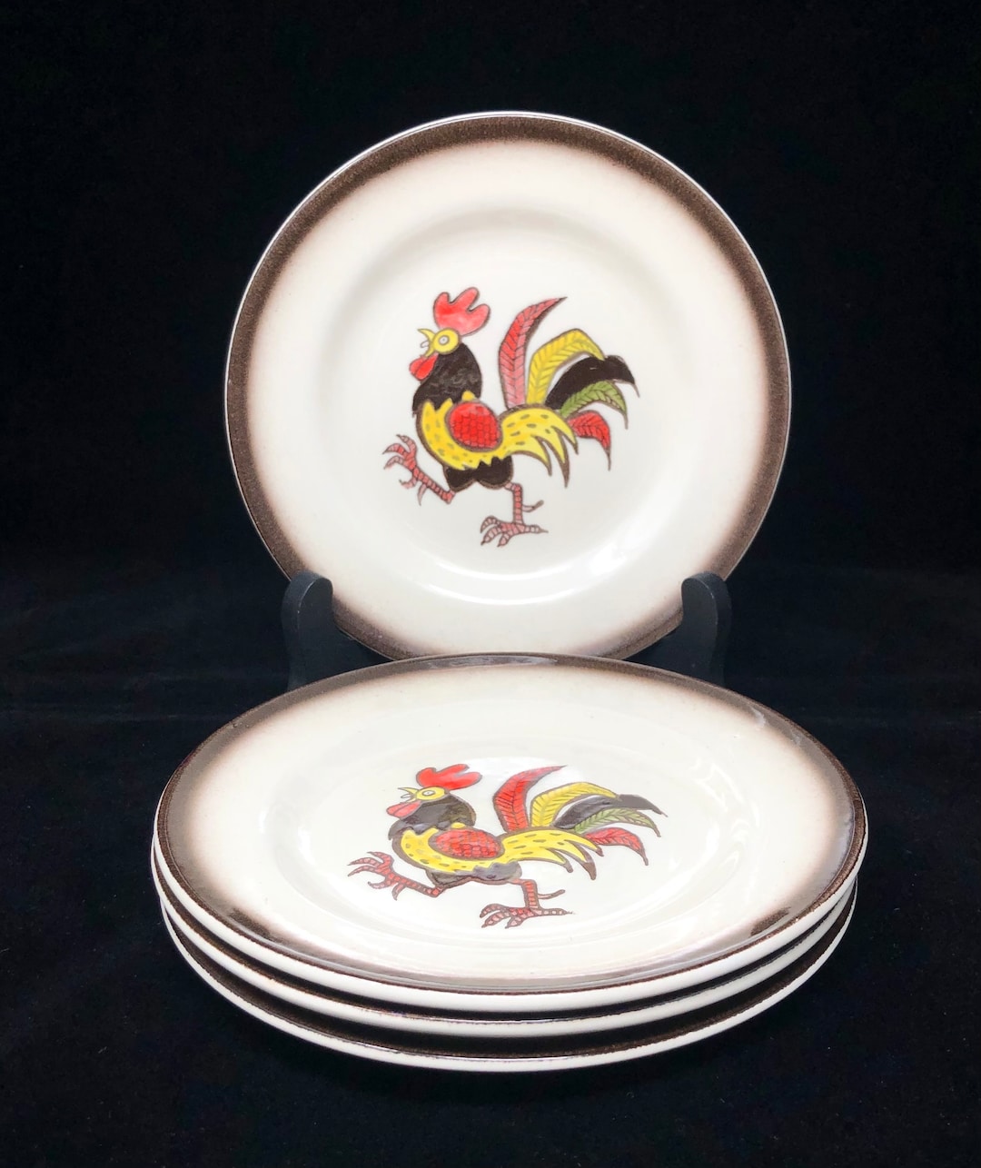 Red Rooster BREAD PLATES Set of 4 Metlox Poppytrail Red Rooster Plates ...