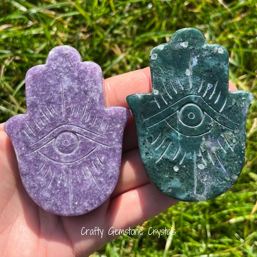 Hamsa Hand Evil Eye Protection Polished Purple Mica Green Moss Agate ...