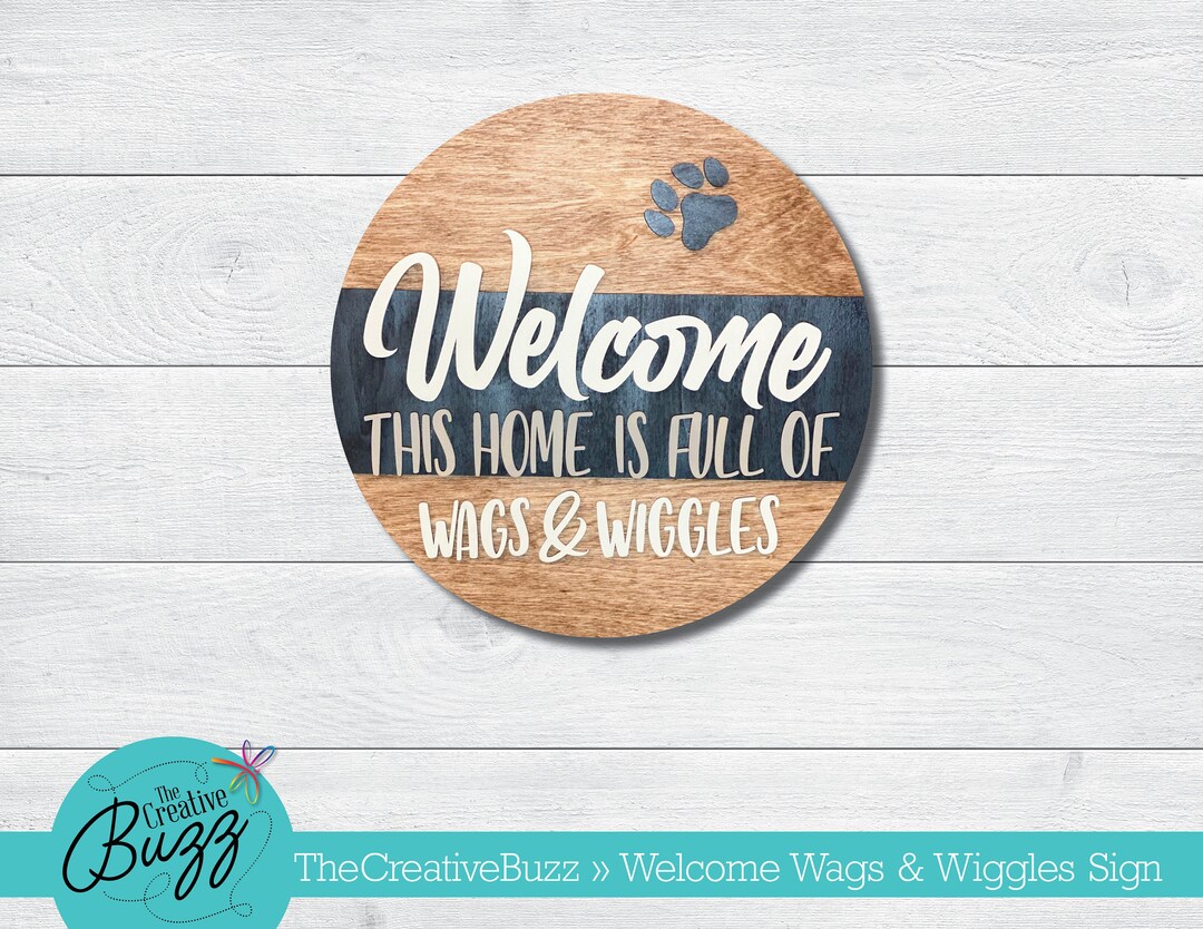 Welcome Wags & Wiggles Sign, Hand Painted, Laser Cut, Layered Wood, Pet Lover, Dog Lover, Paw ...