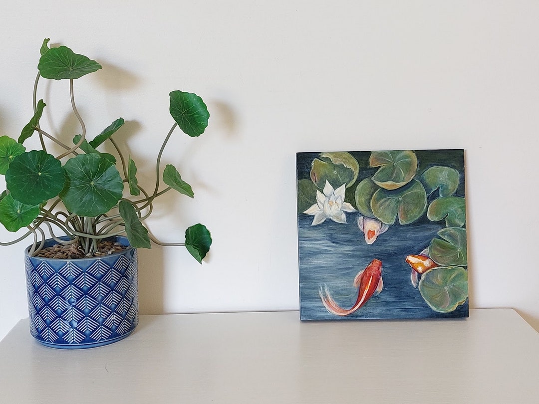 Original Colourful Koi Fish and Lily Pad Painting, Framed Acrylic ...