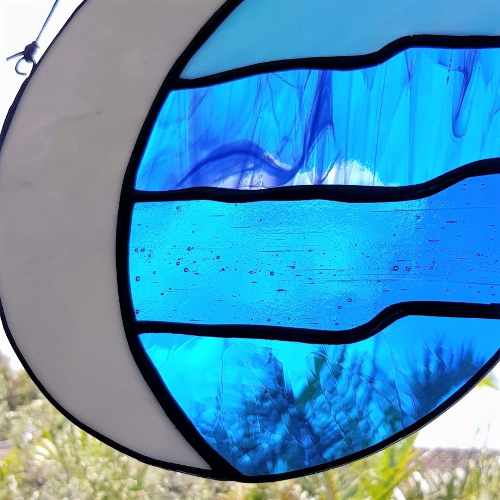 Stained glass crescent moon over water round stained glass | Etsy