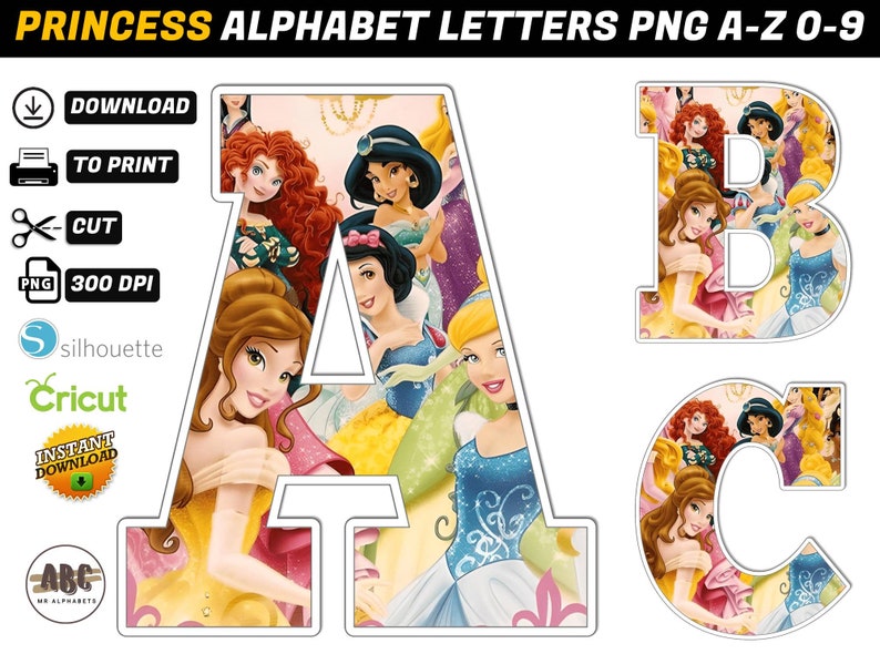 Princess Alphabet PNG Princess Birthday Banner Princess - Etsy