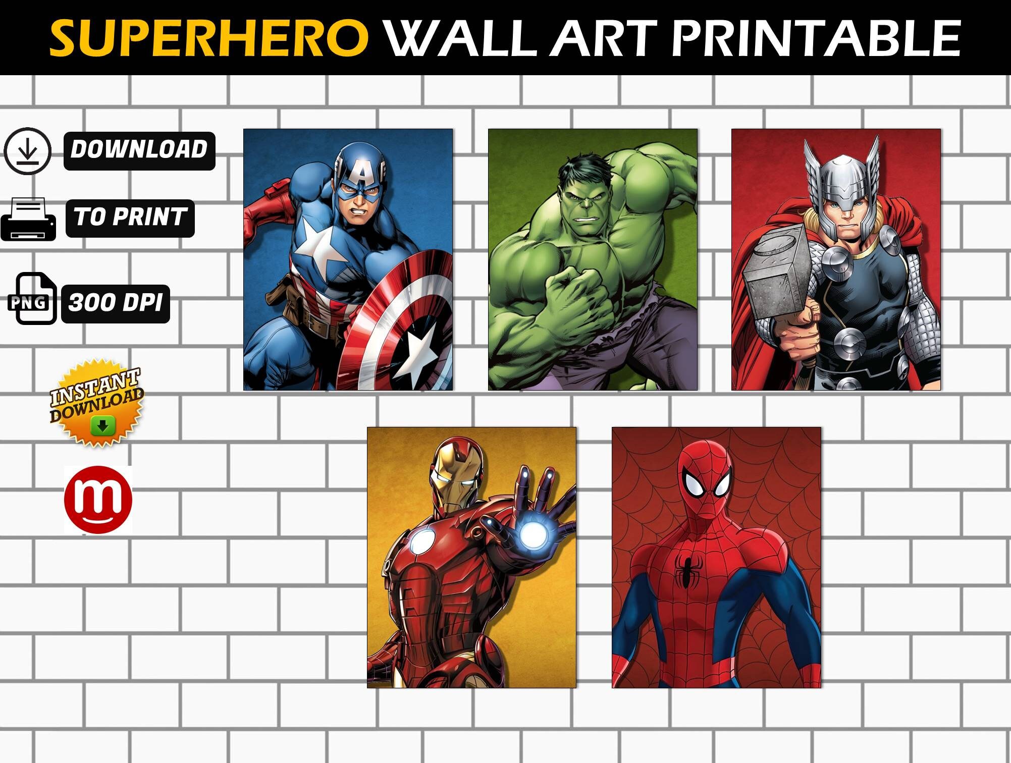SET 5 Superhero Wall Art Printable Superhero Poster Set - Etsy