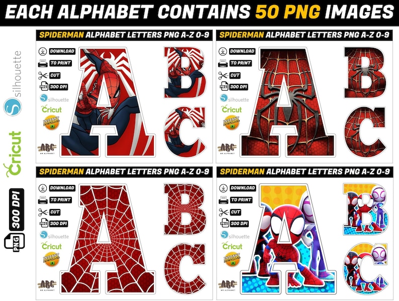 400 IMAGES 8 Spiderman Alphabets Different Backgrounds Png - Etsy
