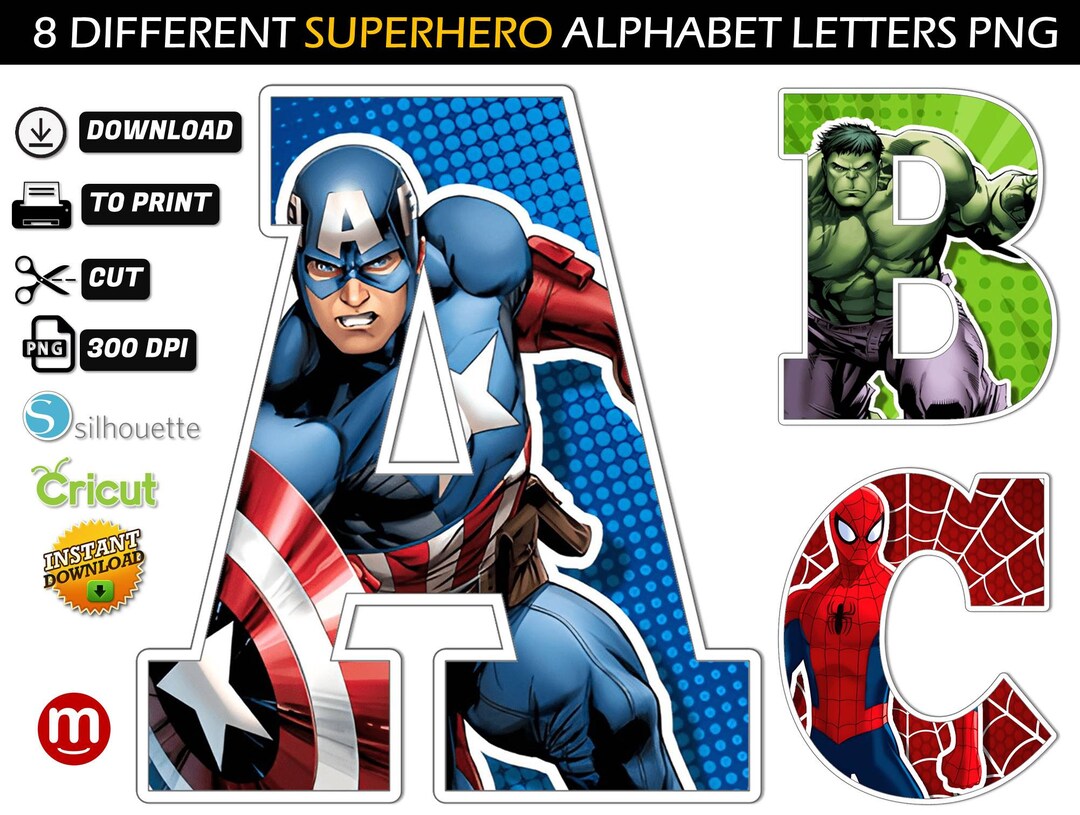 400 IMAGES - 8 Superhero Alphabets Different Backgrounds Png ...