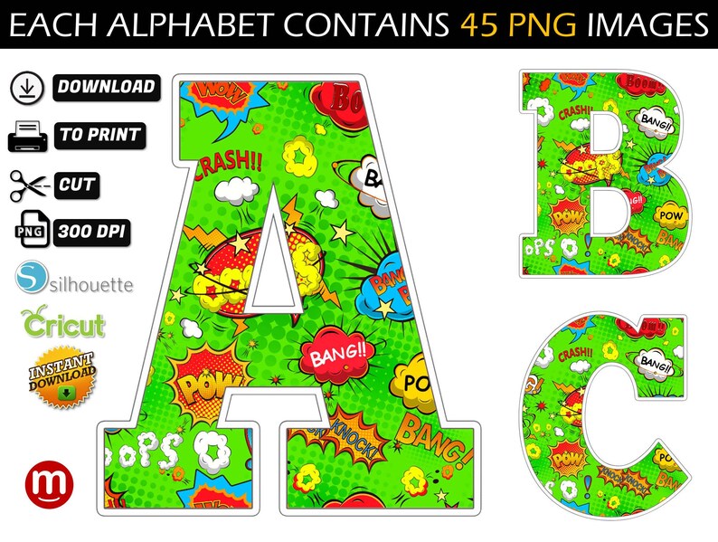 225 IMAGES 5 Superhero Alphabets Different Backgrounds Png - Etsy