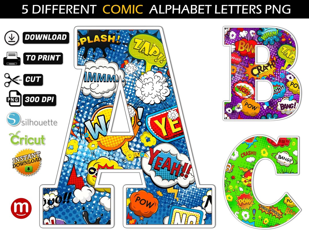 225 IMAGES - 5 Superhero Alphabets Different Backgrounds Png - Comic ...