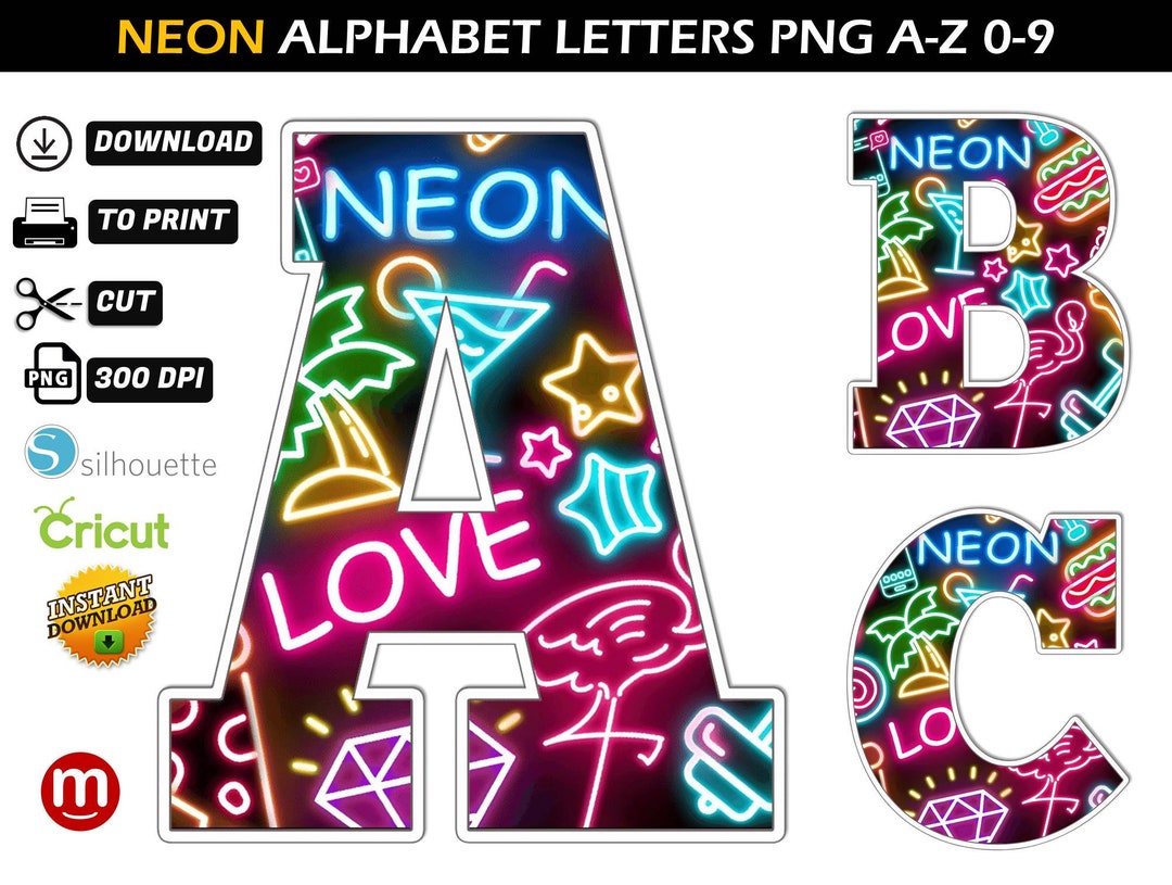 Neon Alphabet PNG - Neon Birthday Banner - Neon Letters Png - Neon Font ...