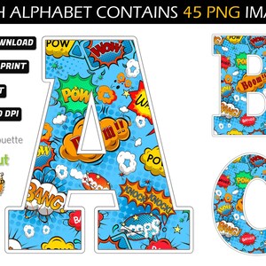 225 IMAGES - 5 Superhero Alphabets Different Backgrounds Png - Comic ...