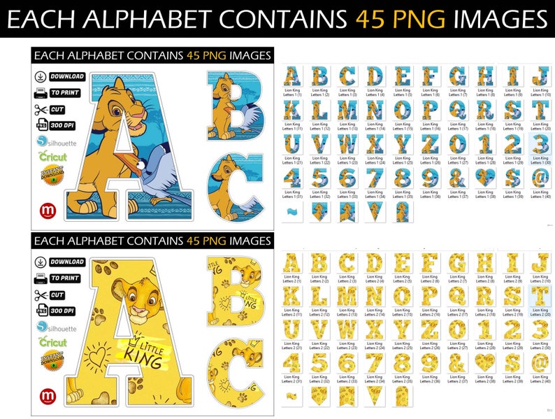 PACK 225 IMAGES 5 Different Alphabets Lion King Alphabet - Etsy