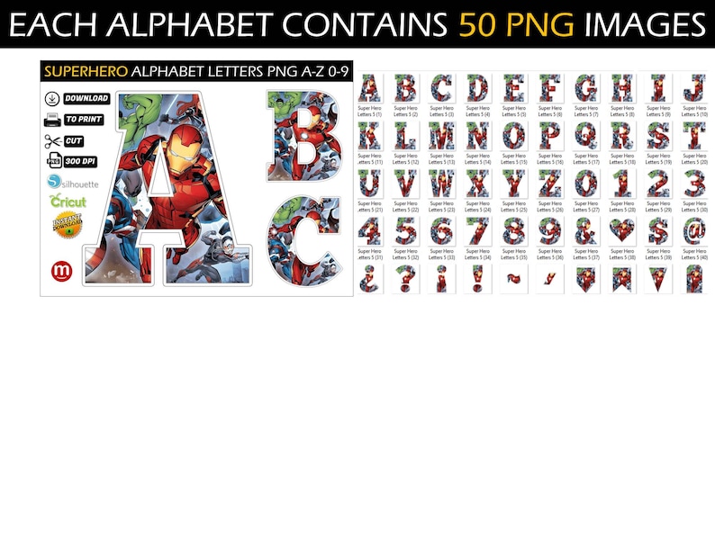 250 IMAGES 5 Superhero Alphabets Different Backgrounds Png - Etsy