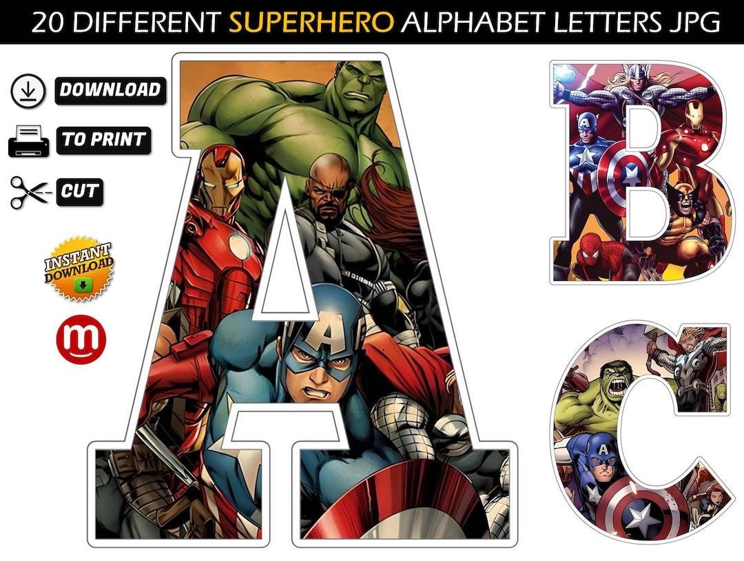 1000 IMAGES 20 Superhero Alphabets Different Backgrounds JPG Superhero ...