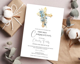 Boy First Holy Communion Invitation Template, Blue and Gold Communion ...