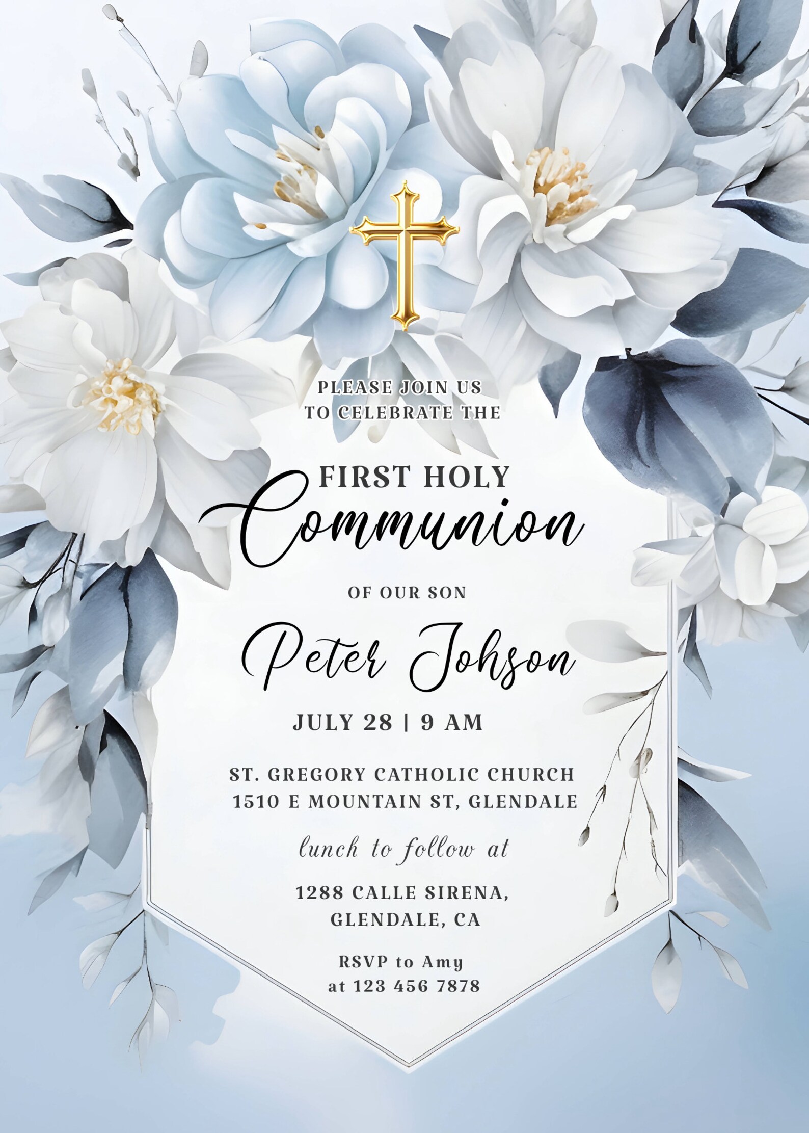 Boy First Holy Communion Invitation Template, Blue and Gold Communion ...