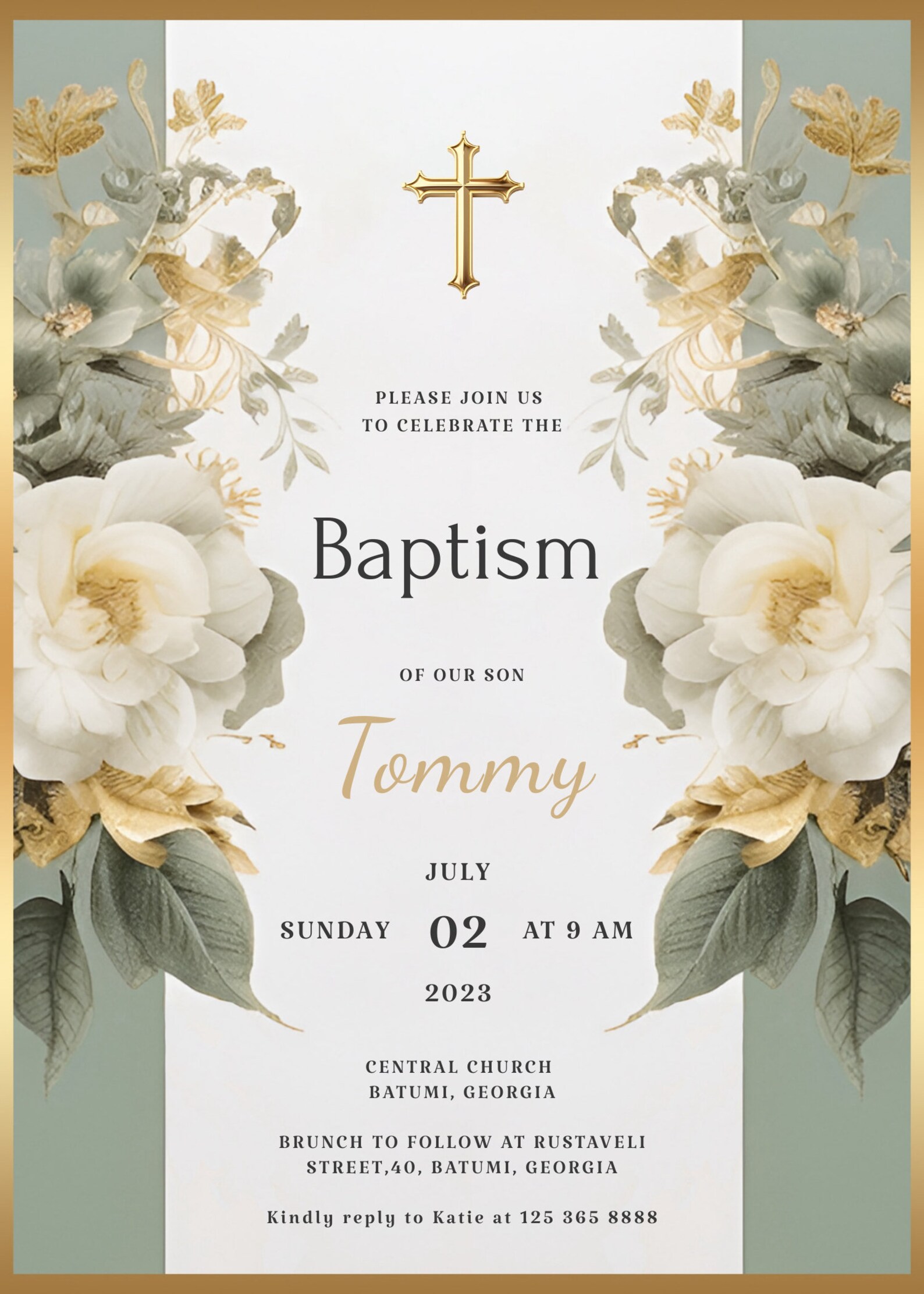Baptism Invitation Template, Green and Gold Baptism Invite, Boy Baptism ...