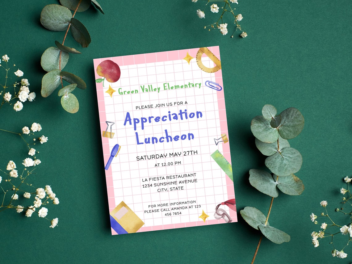 Appreciation Luncheon Invitation Template, Grateful Teacher Invitation ...