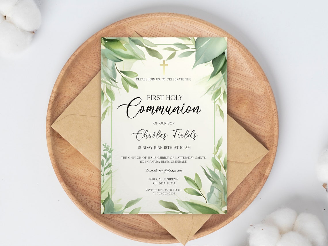 First Holy Communion Invitation Template, Blue and Gold Baptism Invite ...
