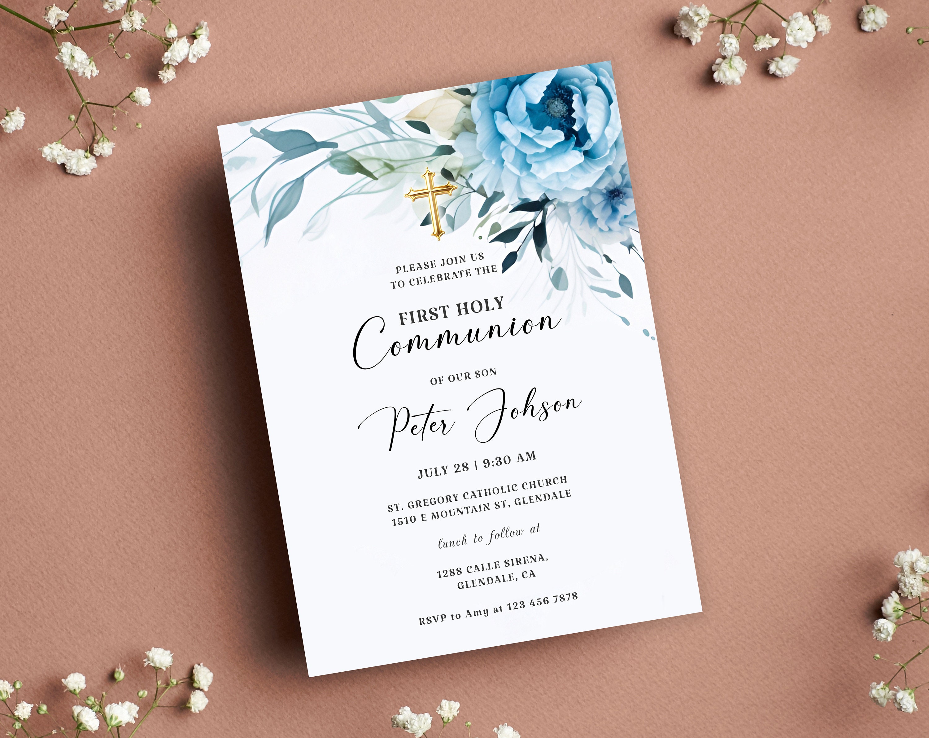 Boy First Holy Communion Invitation Template, Blue and Gold Communion ...