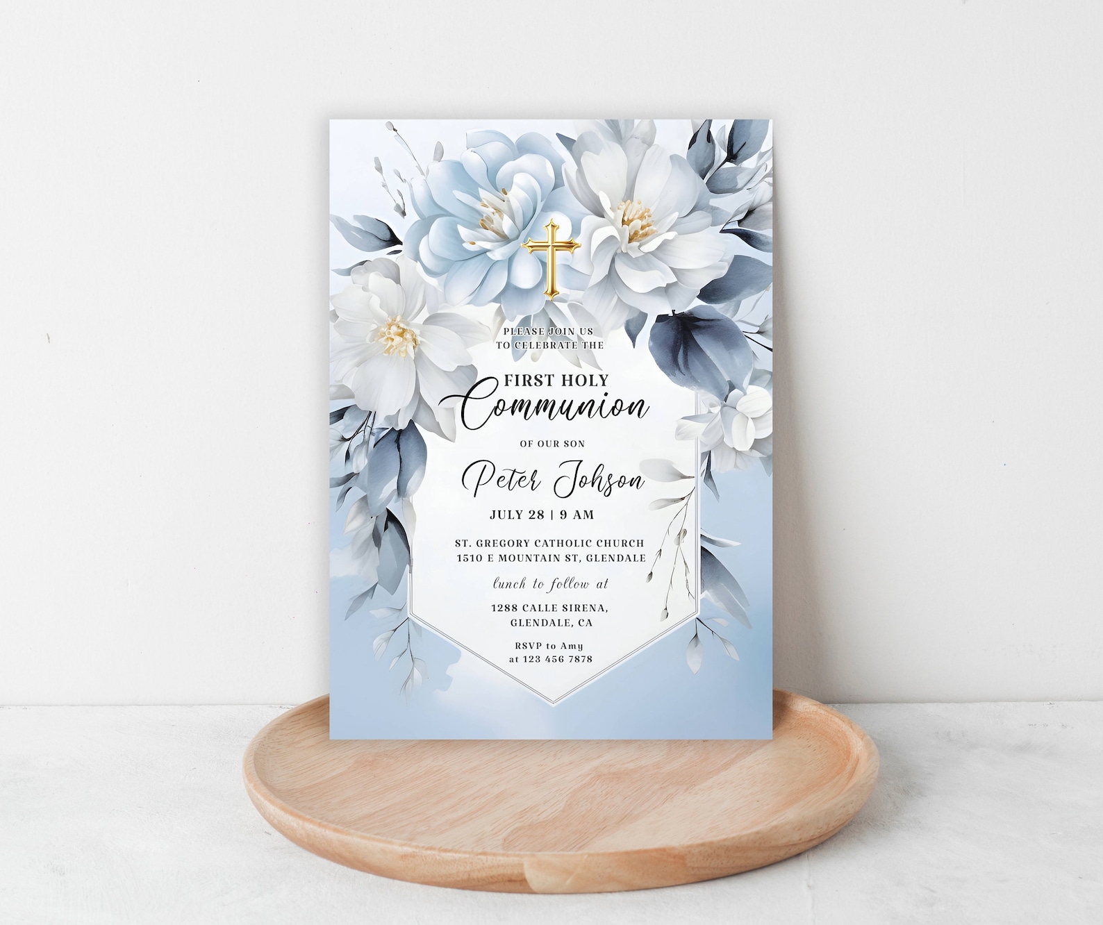 Boy First Holy Communion Invitation Template, Blue and Gold Communion ...