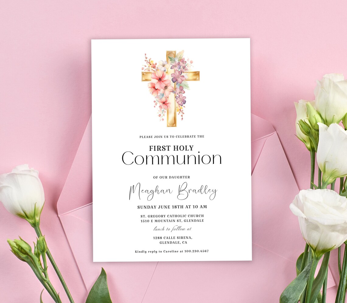 First Holy Communion Invitation Template Pink and Gold - Etsy