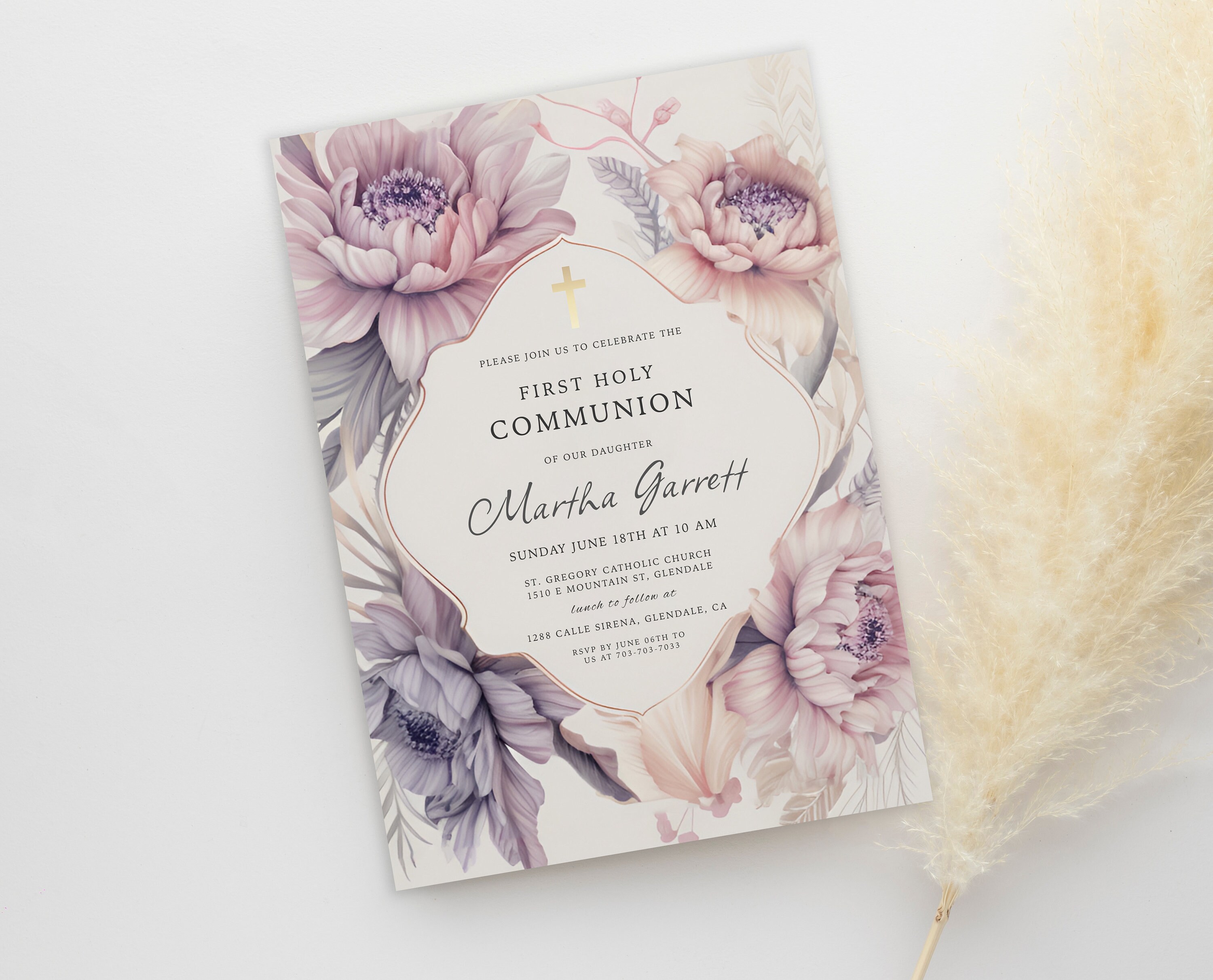 First Holy Communion Invitation Template, Violet and Gold Invites, Girl ...