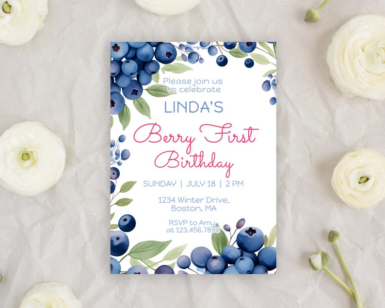 Berry First Birthday Invitation, Blueberries 1st Birthday Printable ...