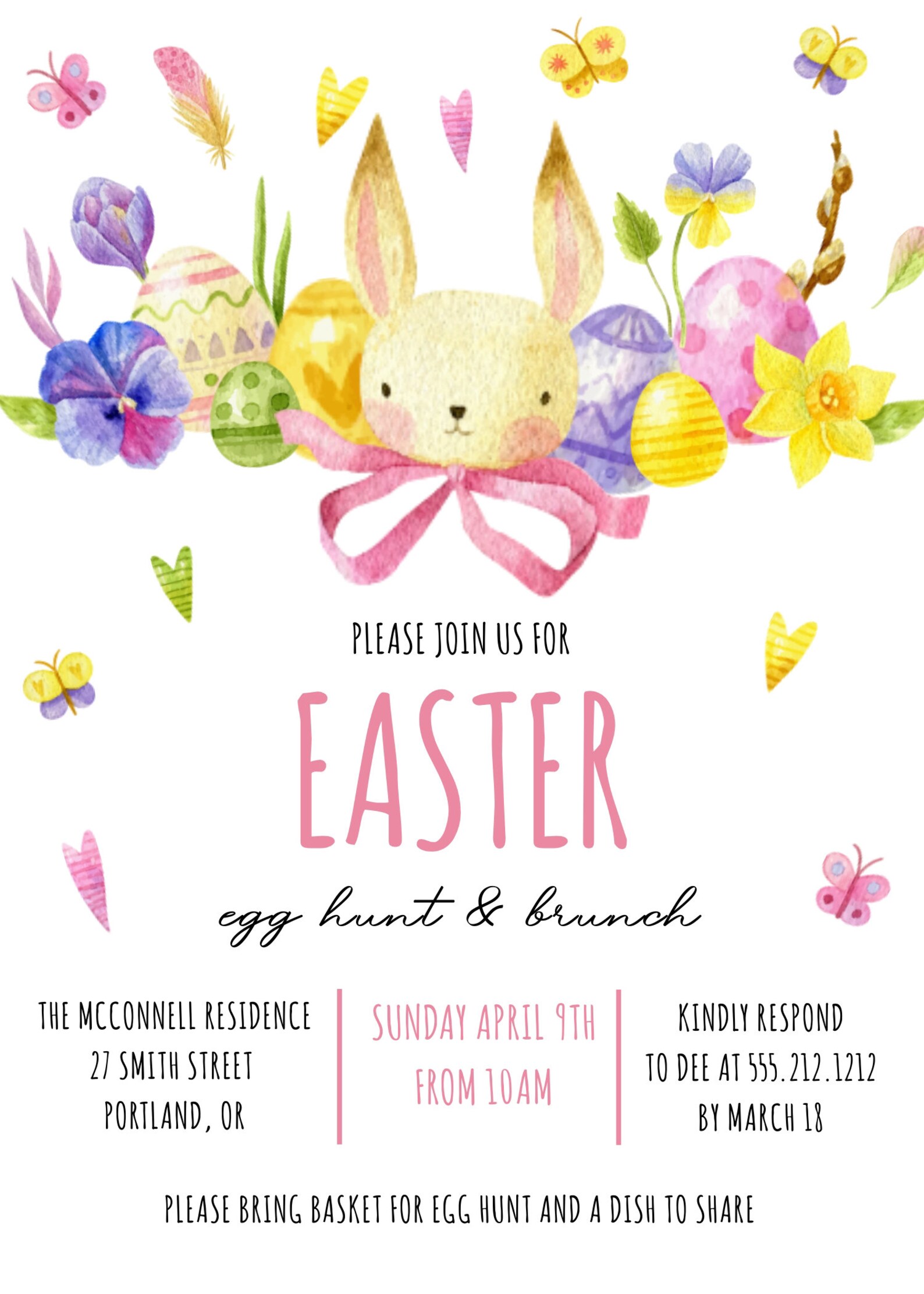 Easter Egg Hunt and Brunch Invitation, Bunny Easter Party Printable ...