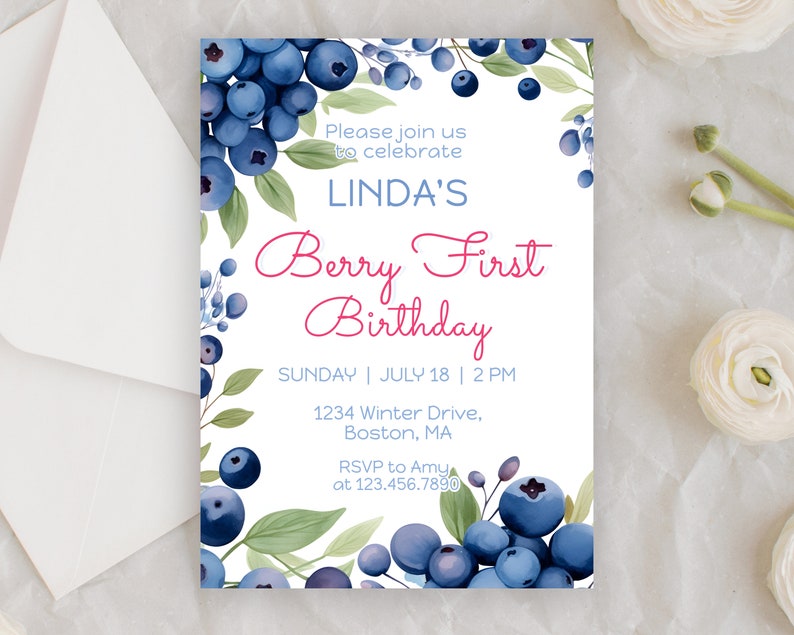 Berry First Birthday Invitation, Blueberries 1st Birthday Printable ...