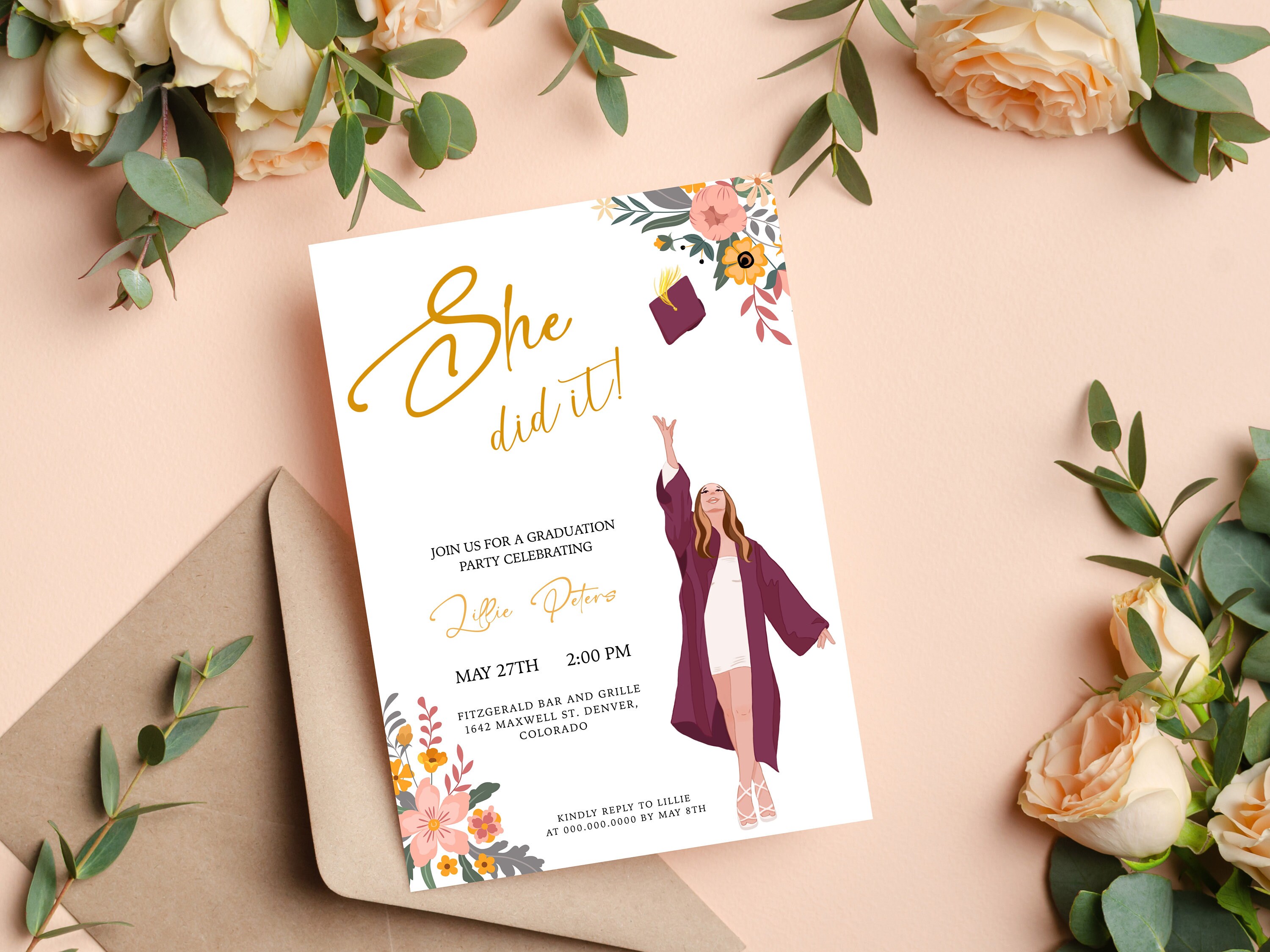 Graduation Party Invitation Template, She Did It Editable Invitation ...