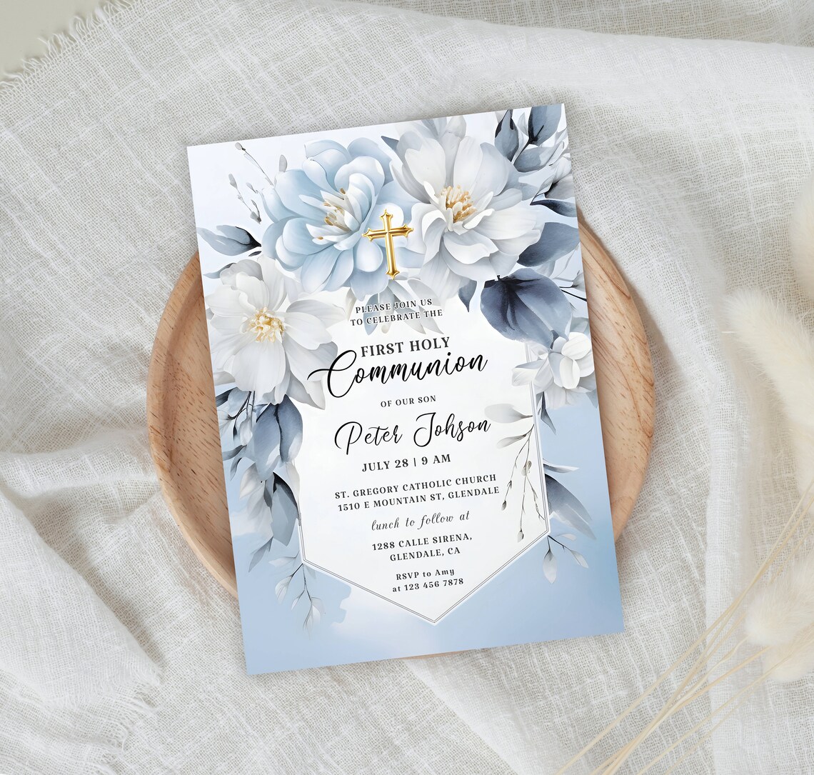 Boy First Holy Communion Invitation Template, Blue and Gold Communion ...