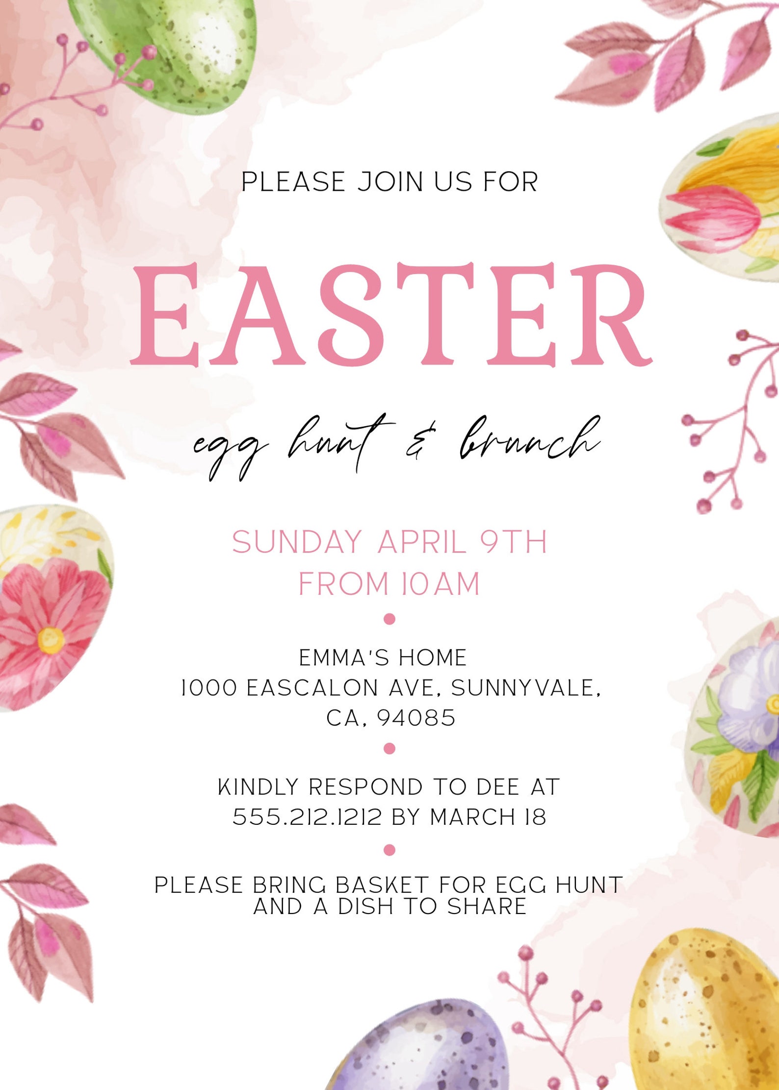 Easter Egg Hunt and Brunch Invitation, Bunny Easter Party Printable ...