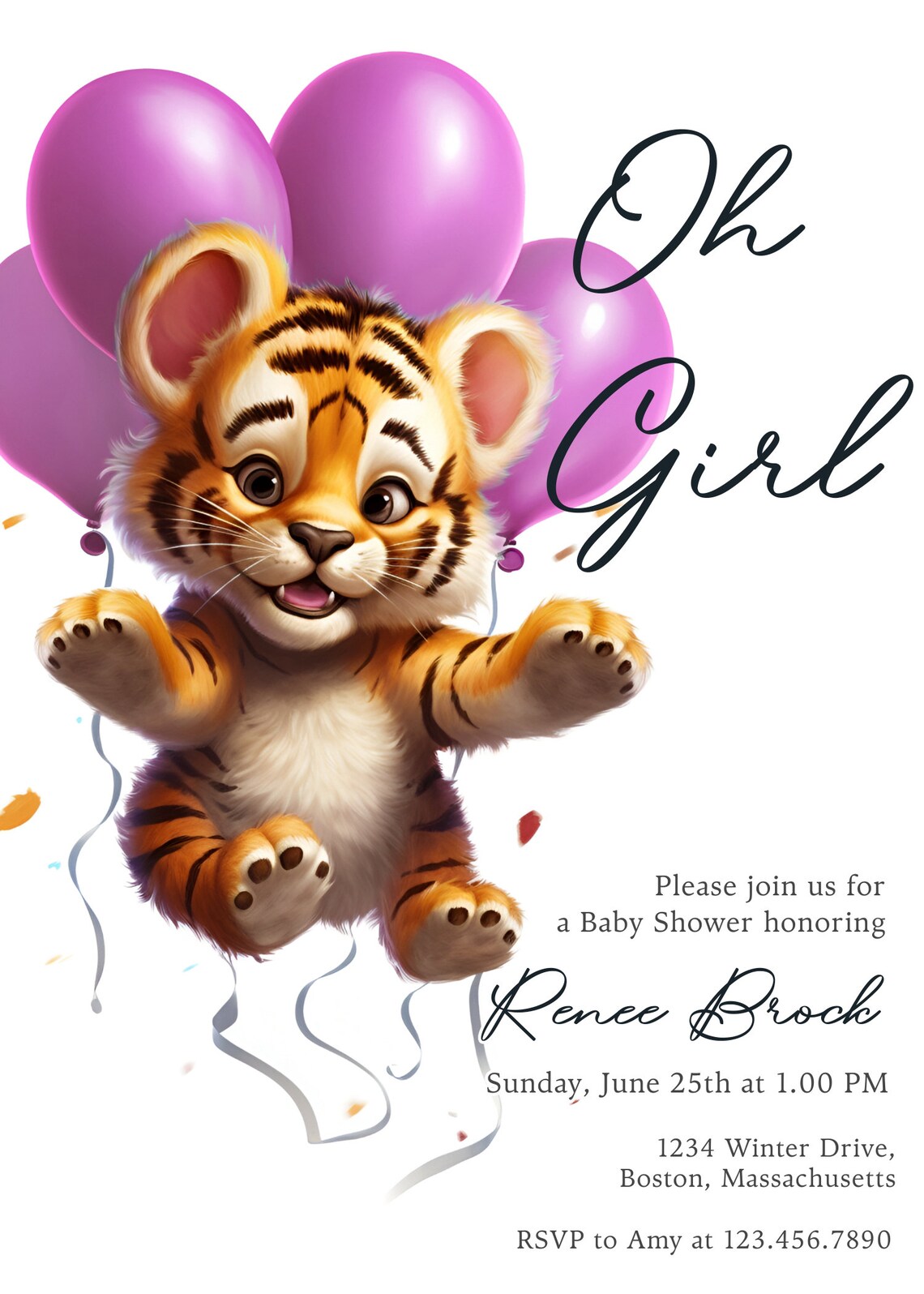 Girl Baby Shower Invitation Template, Cute Tiger Baby Shower Invite ...