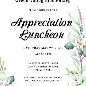 Appreciation Luncheon Invitation Template, Grateful Teacher Invitation ...