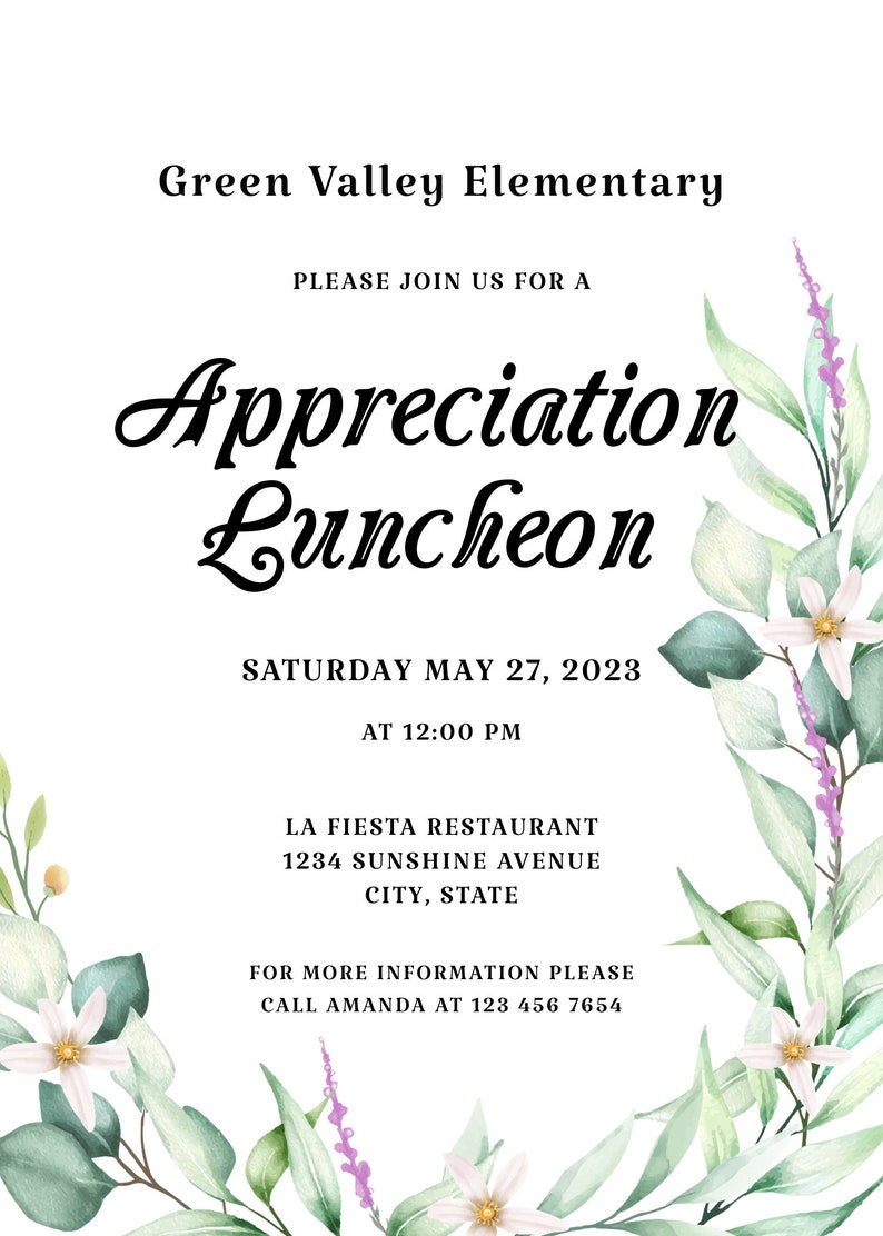 Appreciation Luncheon Invitation Template, Grateful Teacher Invitation ...