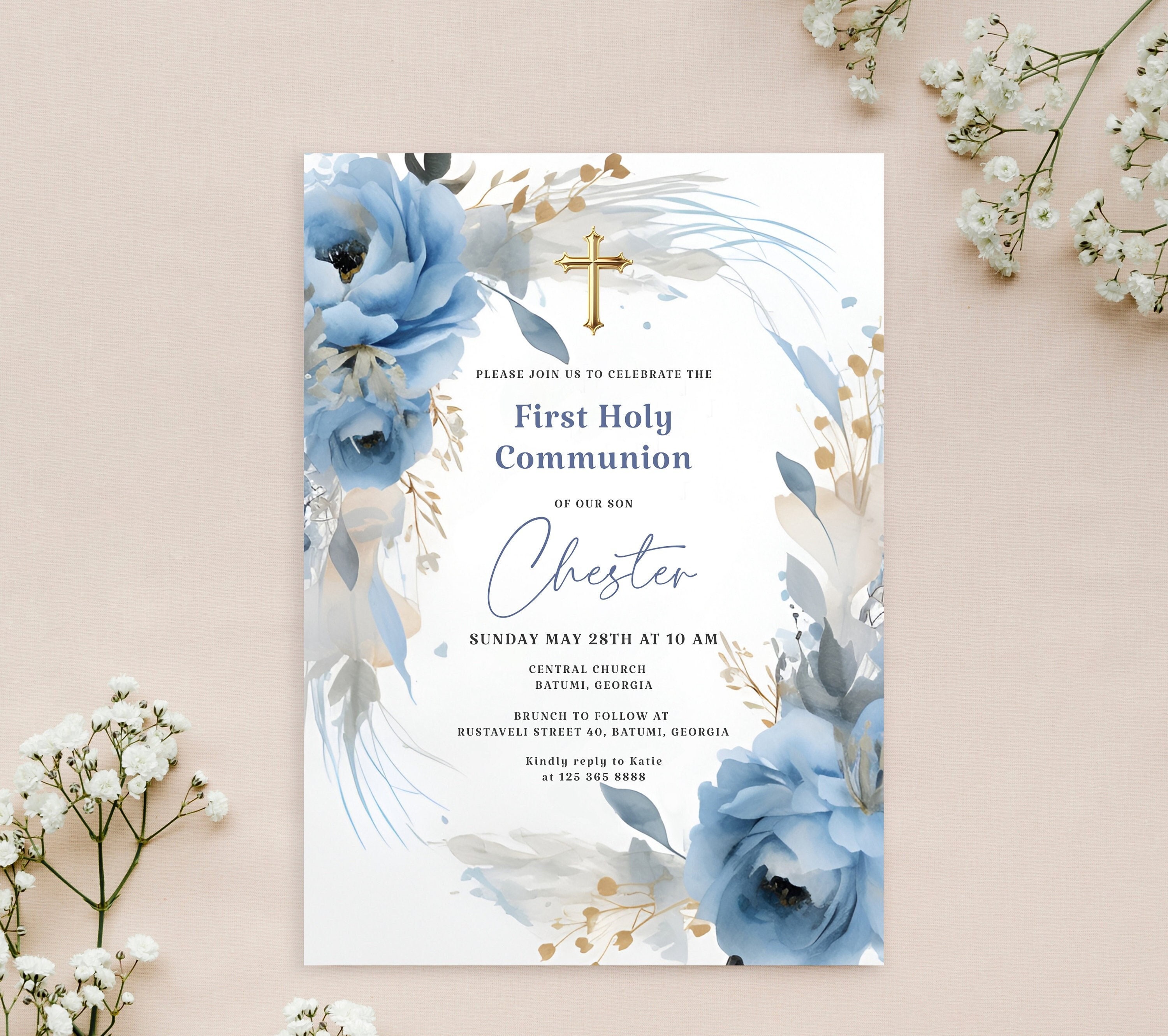 First Holy Communion Invitation Template, Blue and Gold Communion ...